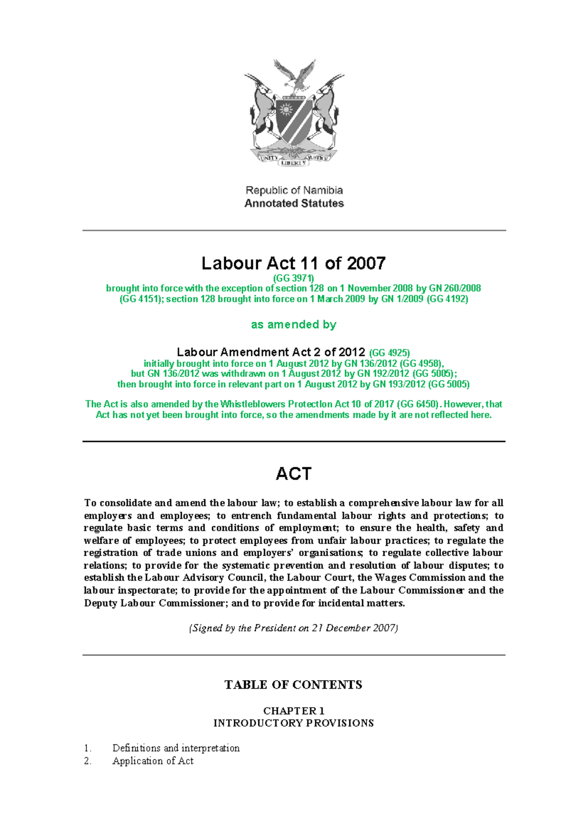 Labour Act 11 of 2007: Overview and Key Provisions Explained - Studocu