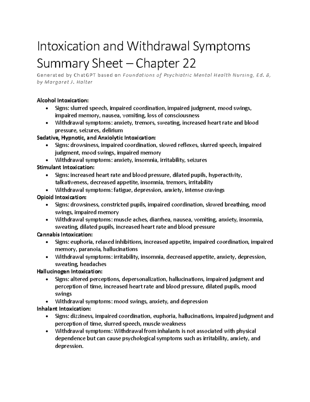 Intoxication and Withdrawal Symptoms Summary Sheet - 8, by Margaret J ...