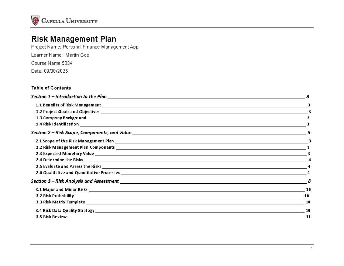 Risk Management Plan for Personal Finance Management App (5334) - Studocu