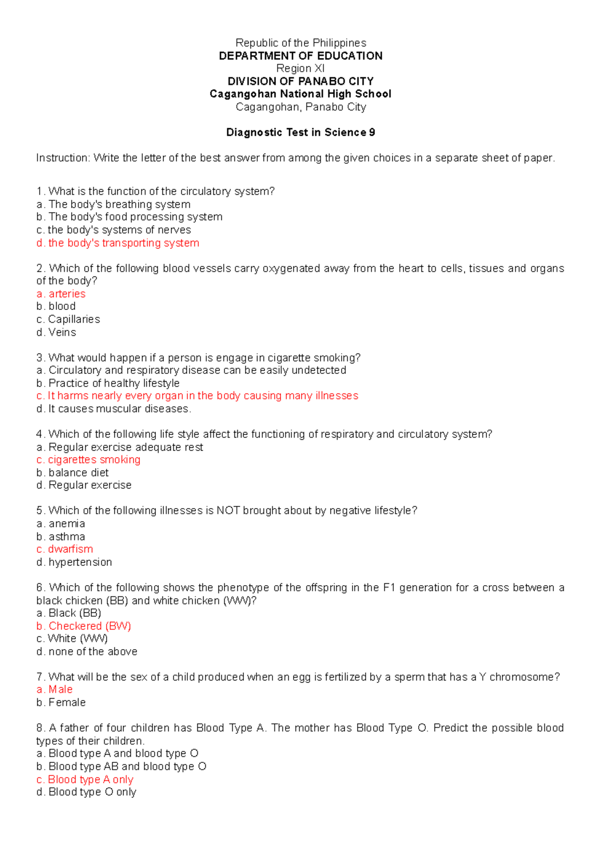 Diagnostic Test Science 9 - Republic of the Philippines DEPARTMENT OF ...