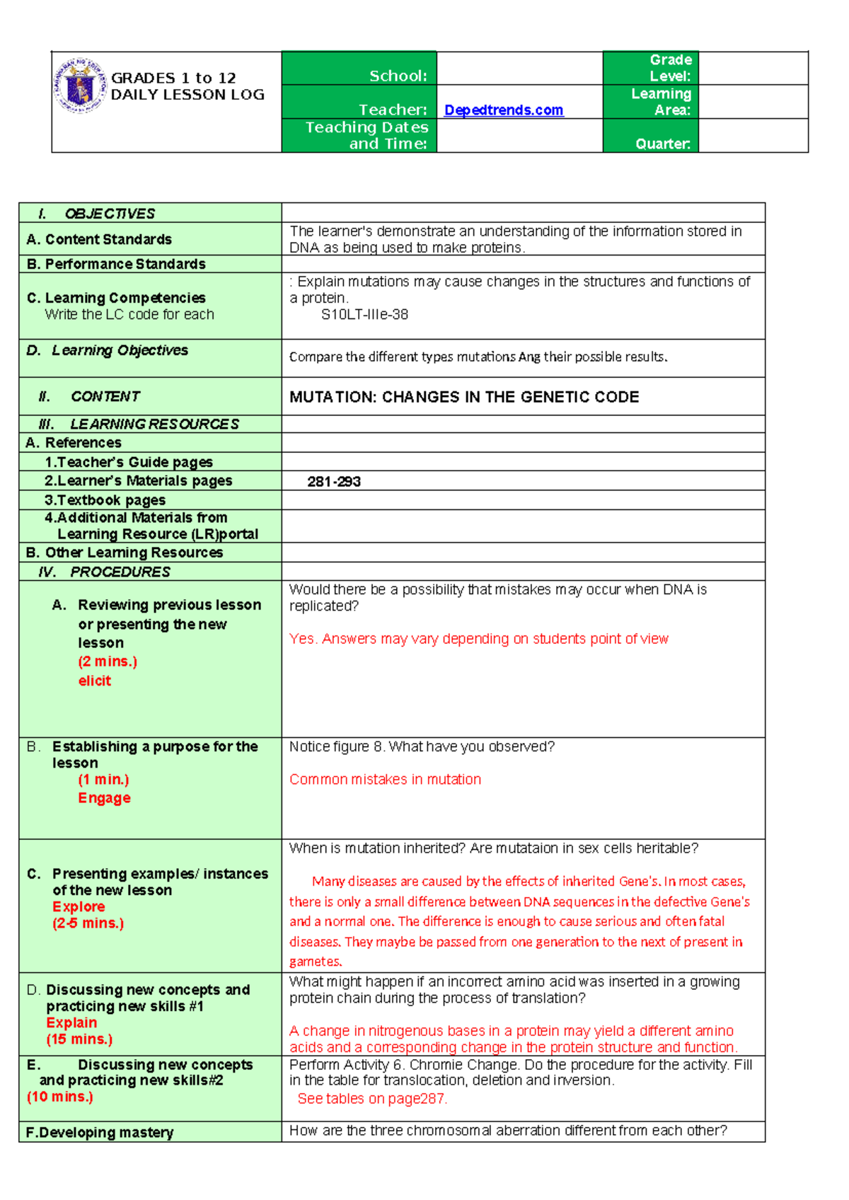 Science 10-DDL15 - Daily Lesson Log on Mutations and Genetic Changes ...