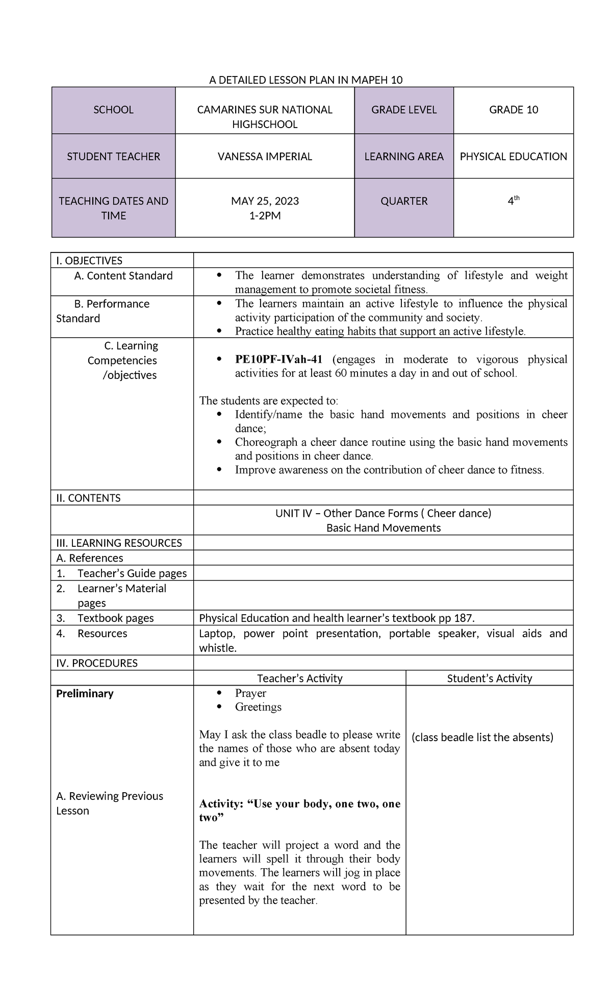 Final Demo Lesson Plan in MAPEH 10: Cheer Dance Focus - Studocu