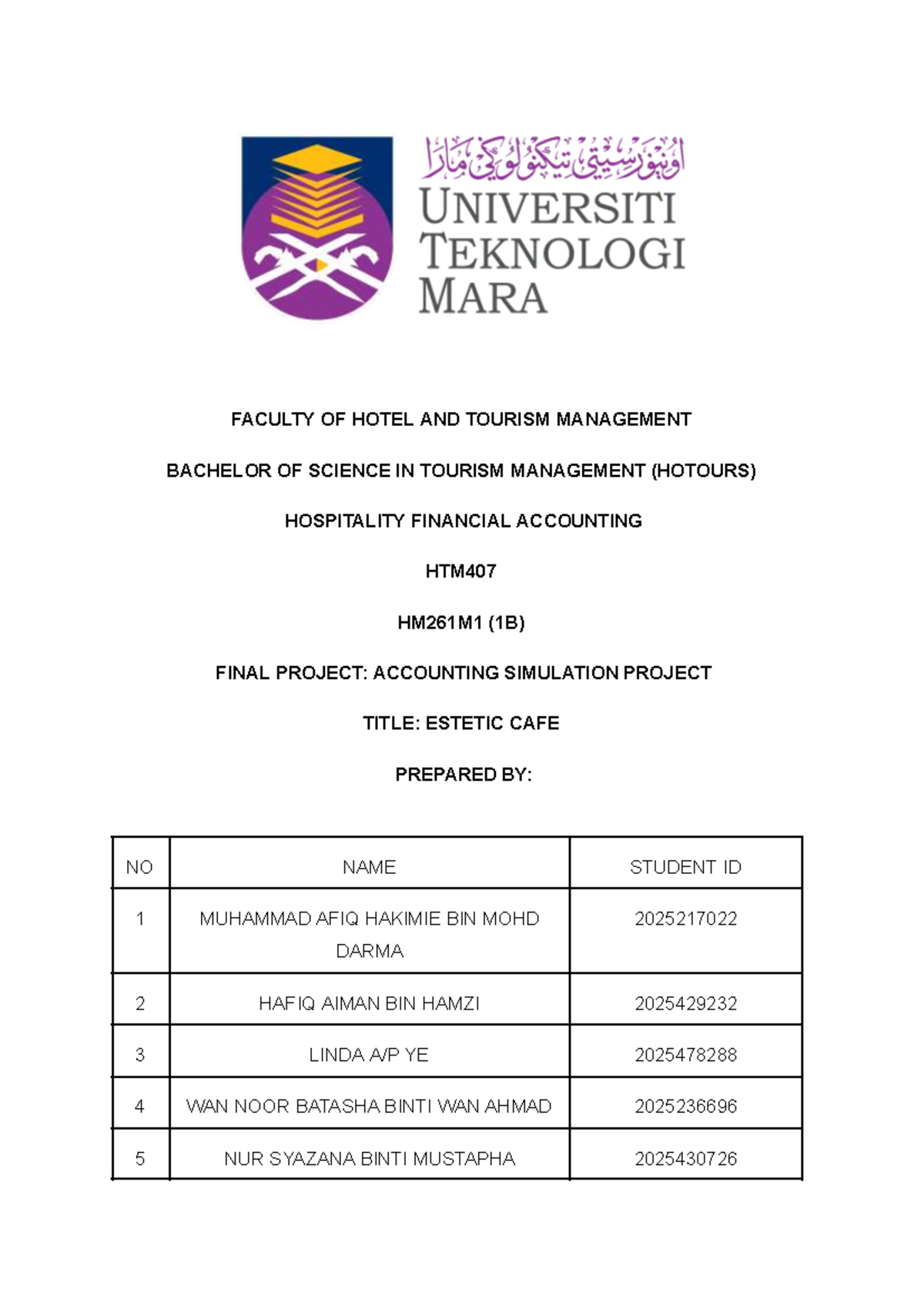 HTM407 Final Project: Accounting Simulation for Estetic Cafe - Studocu