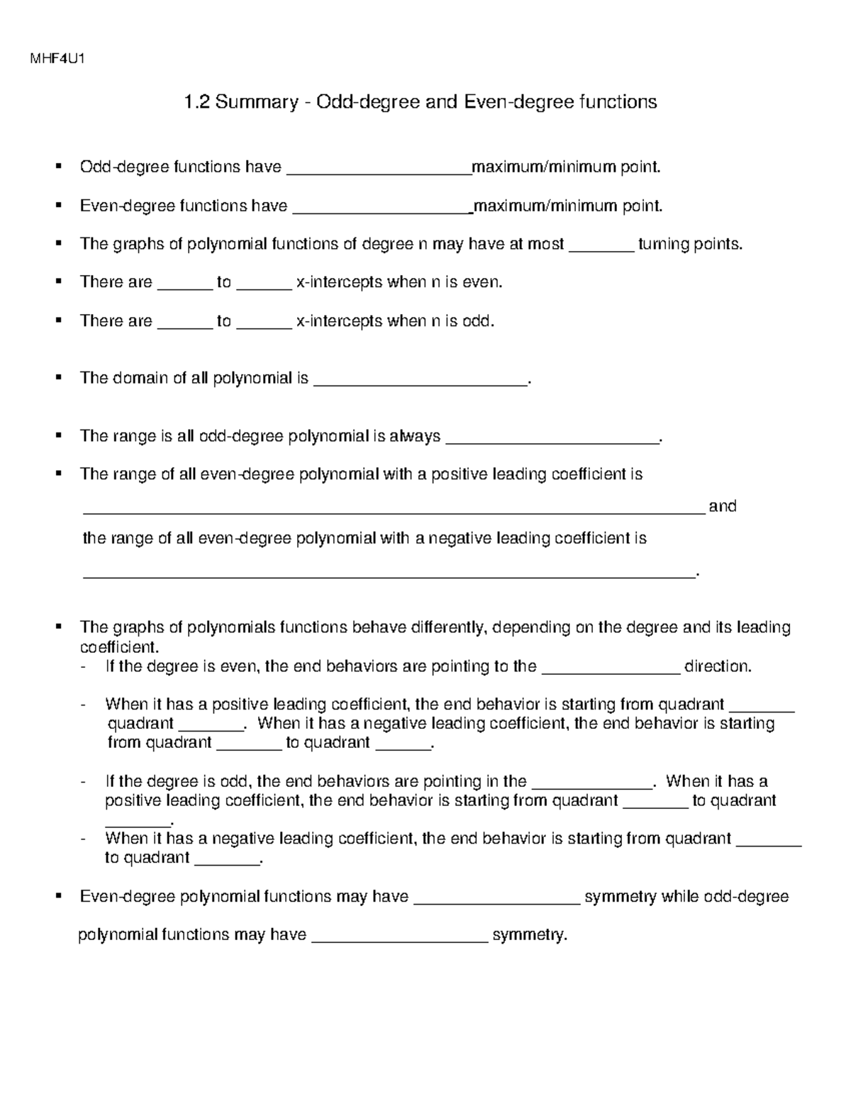 MHF4U - Summary of Odd and Even Degree Functions - Studocu