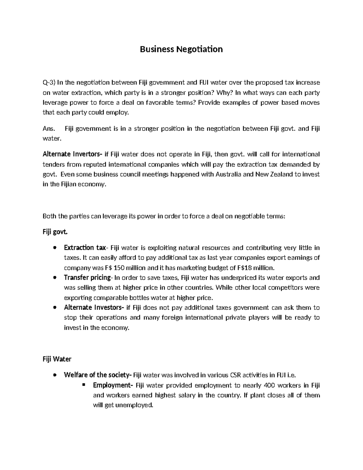 BUS 194252371 - Business Negotiation Case Study: Fiji Gov & FIJI Water ...