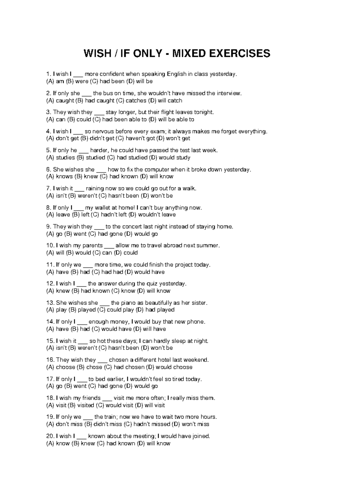 WISH 101: Mixed Exercises on Conditional Sentences - Studocu