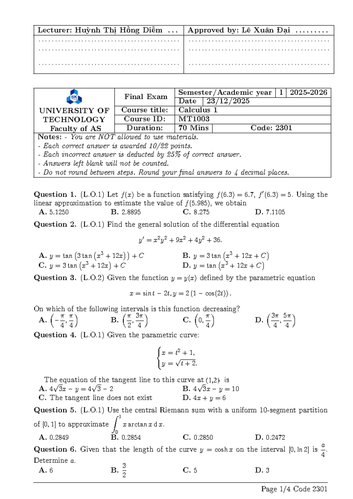 Calculus 1 Final Exam Answers - Course ID: MT1003 - Studocu