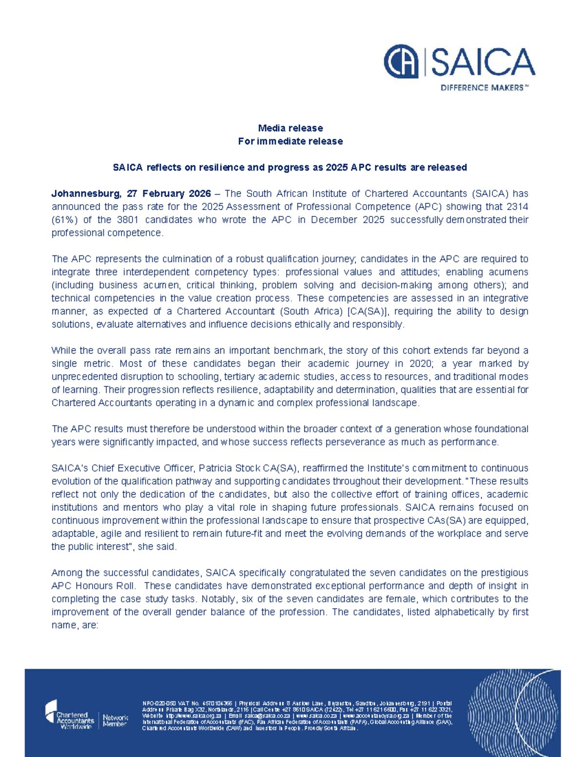 SAICA Media Release: 2025 APC Results & Candidate Resilience - Studocu