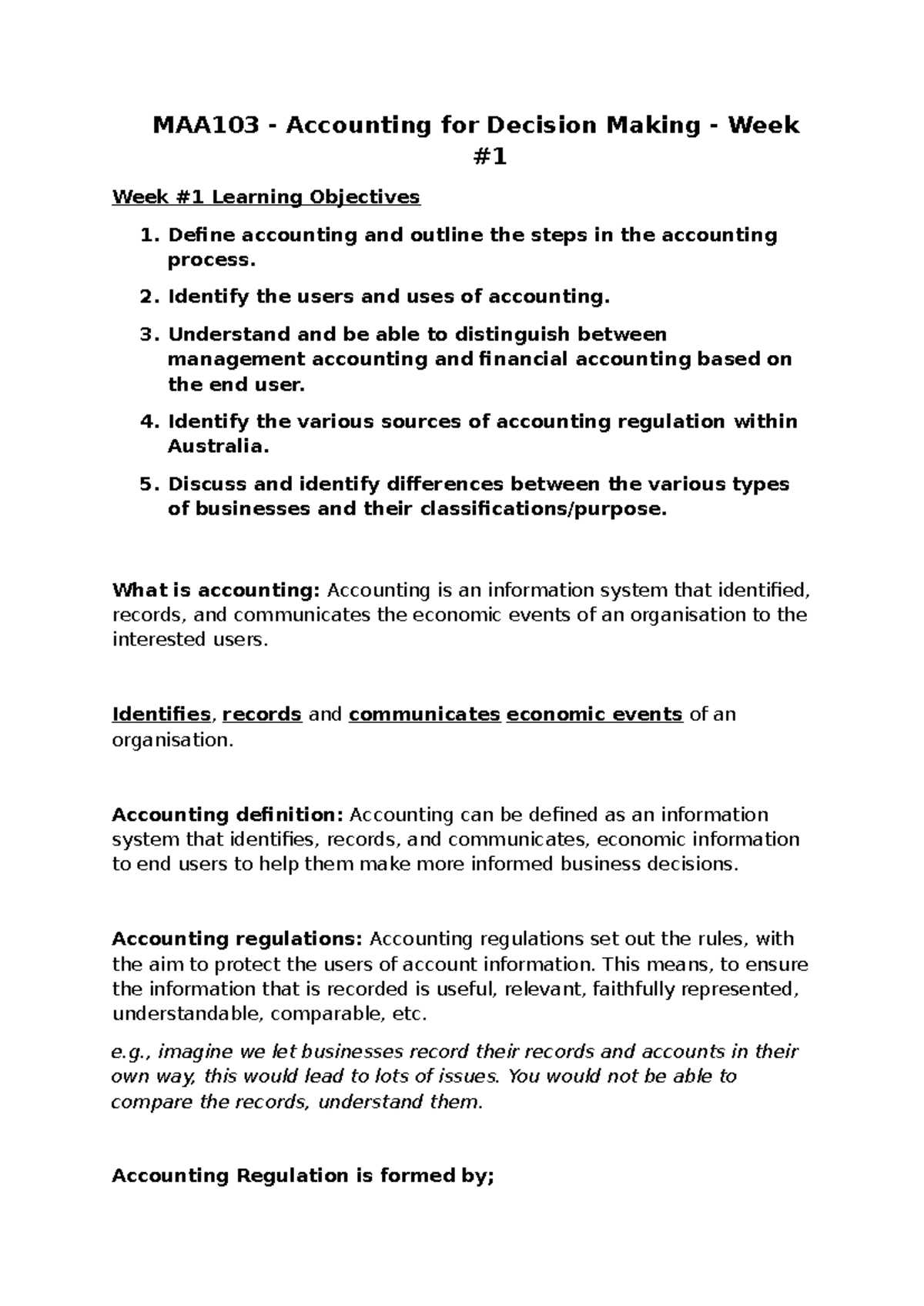 MAA103 Accounting for Decision Making: Week Learning Objectives & Notes ...