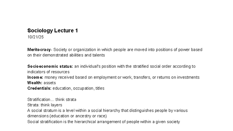 Sociology Unit 3: Lecture on Social Stratification and Meritocracy ...