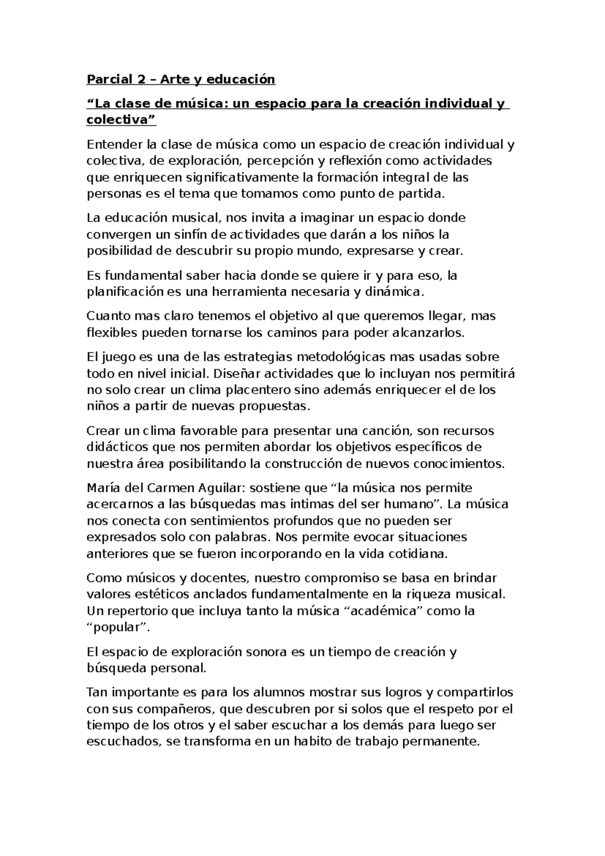 Parcial 2 - arte y educacion - Parcial 2 – Arte y educación “La clase ...