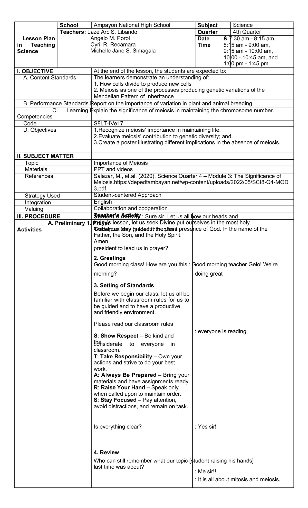 Importance of Meiosis: Lesson Plan for Science 4th Quarter (Grade 4 ...