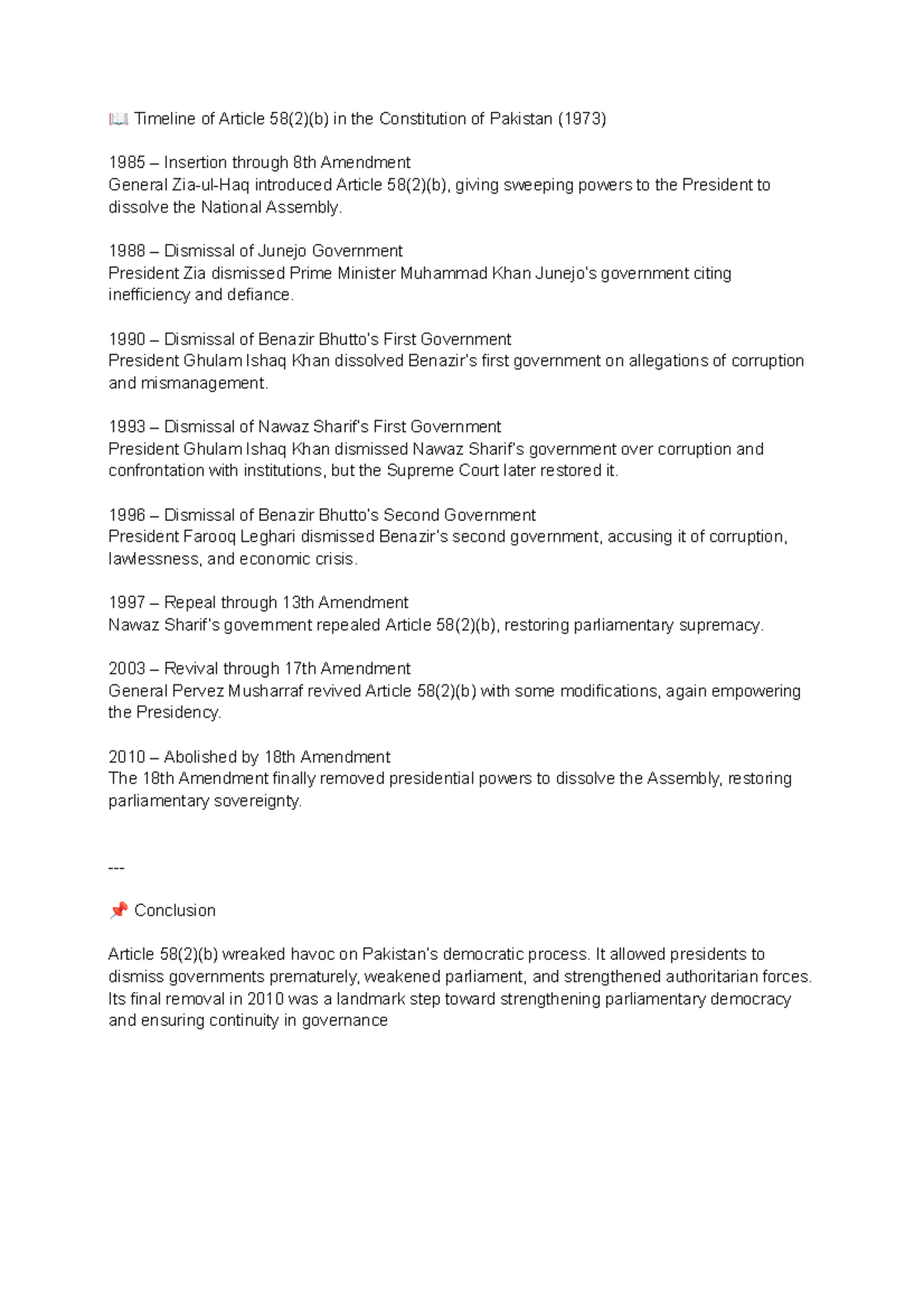 Timeline of Article 58(2)(b) in Pakistan's Constitution (1973) - Studocu