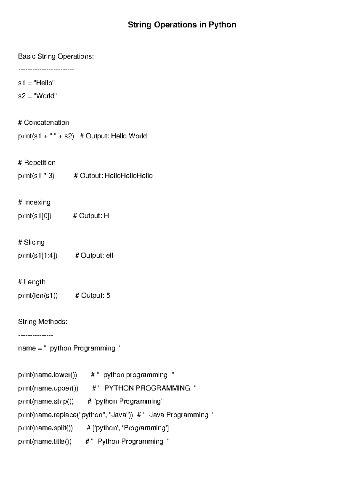 String Operations Python - String Operations in Python Basic String Operations: s1 = - Studocu