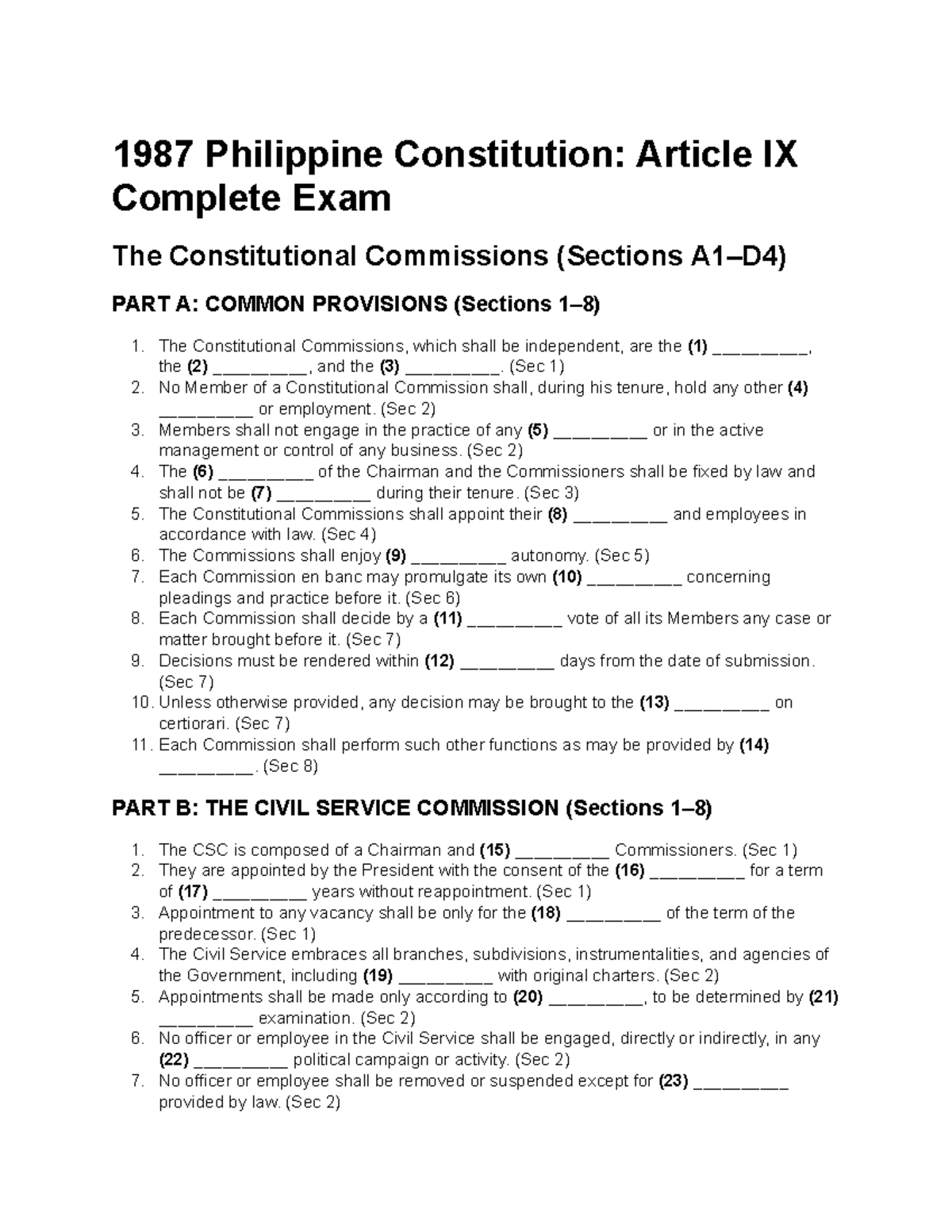 1987 Philippine Constitution: Article IX Comprehensive Exam - Studocu