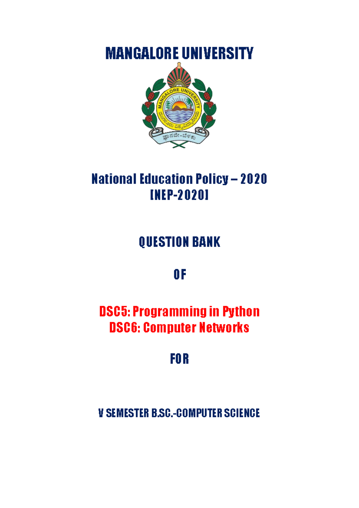 V SEMESTER BSC QUESTION BANK: DSC5 & DSC6 - Python & Computer Networks ...