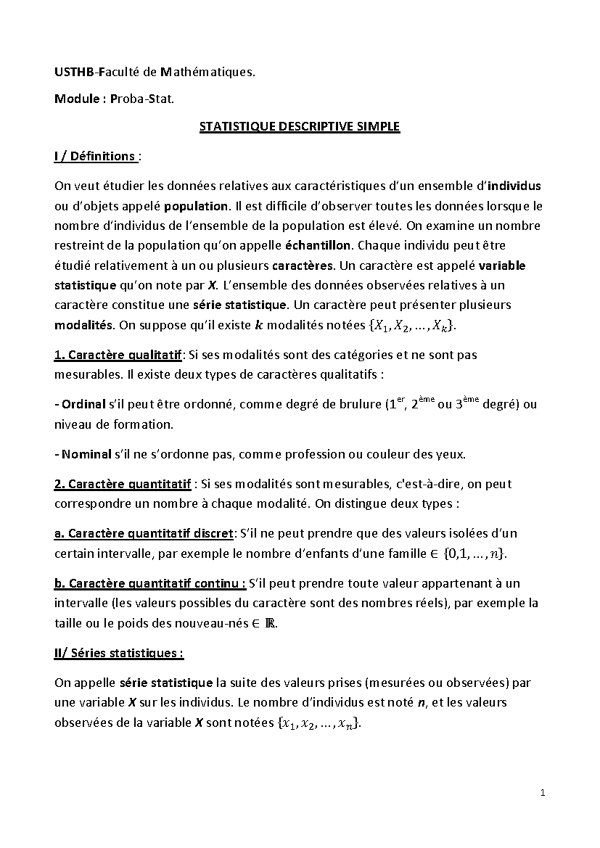 Chapitre 1: Concepts de Statistique Descriptive - USTHB Proba-Stat - Studocu