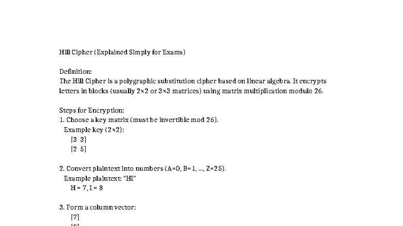 Hill Cipher (Exam Notes) - Simple Explanation and Steps - Studocu