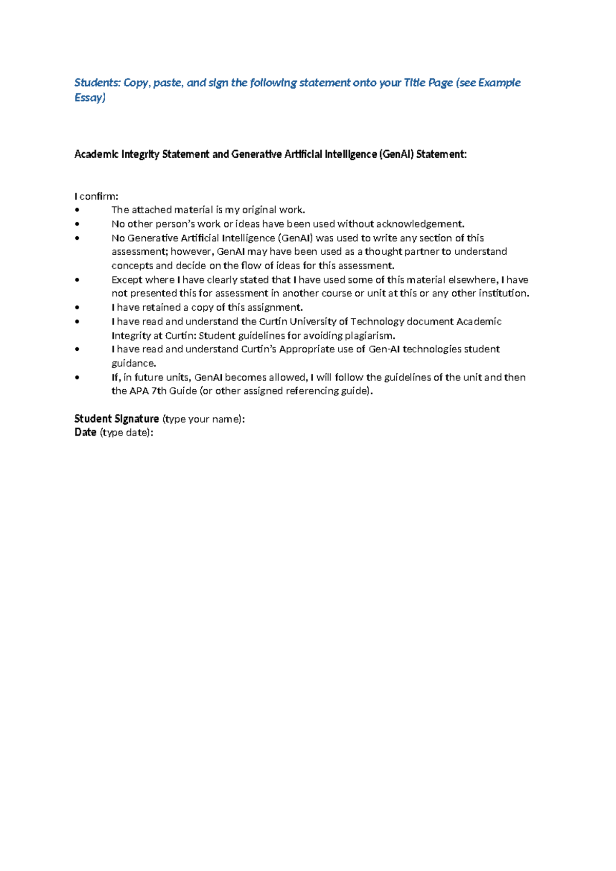 Template for Academic Integrity Statement 2026 - Studocu