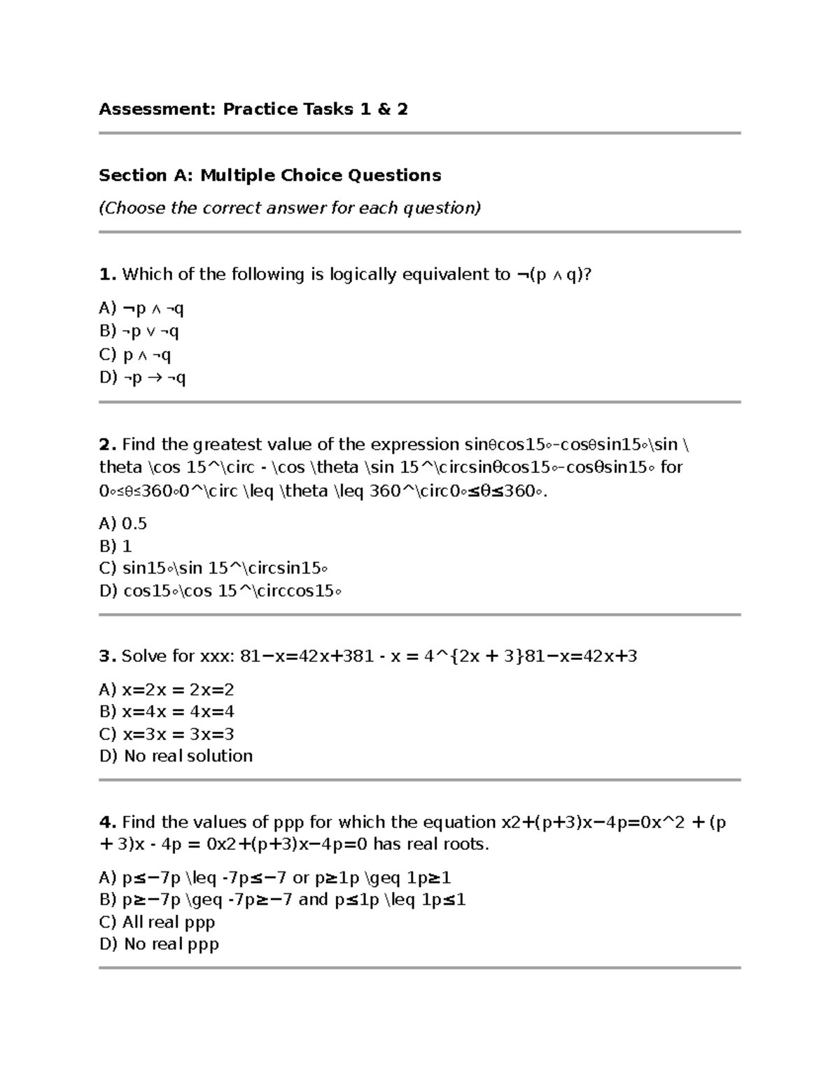 Assessment: Practice Tasks 1 & 2 - Multiple Choice Questions - Studocu