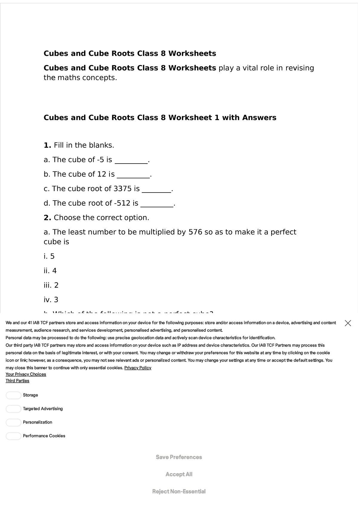 Cubes and Cube Roots Class 8 Worksheets with Answers - Studocu