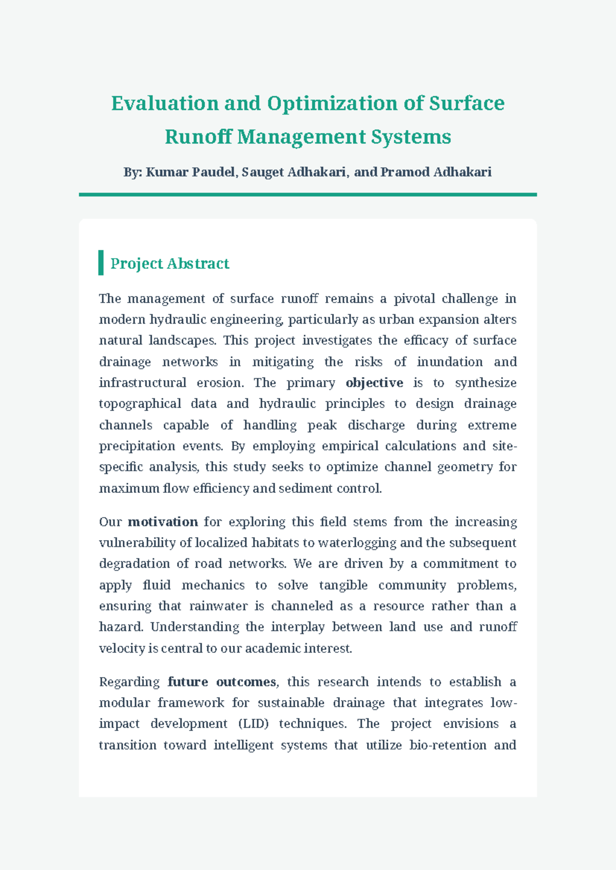 Surface Runoff Management Systems: Evaluation & Optimization Project ...