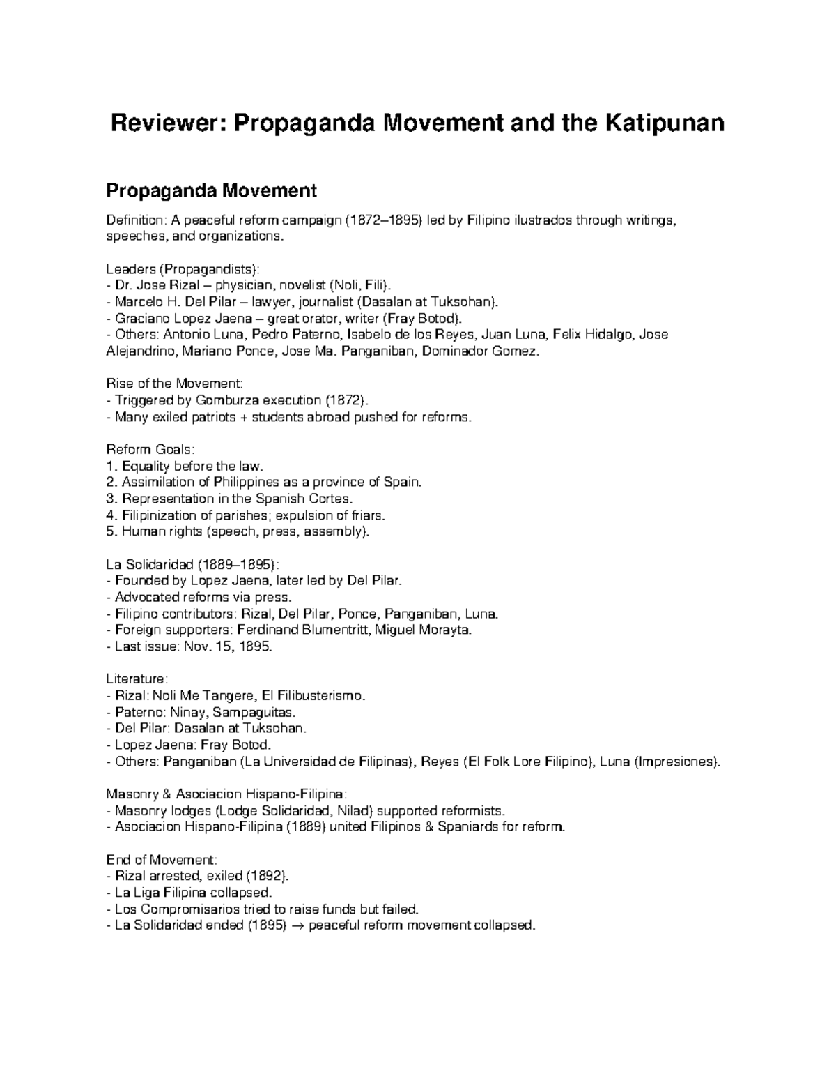 Propaganda Movement & Katipunan Reviewer: Key Figures & Events - Studocu