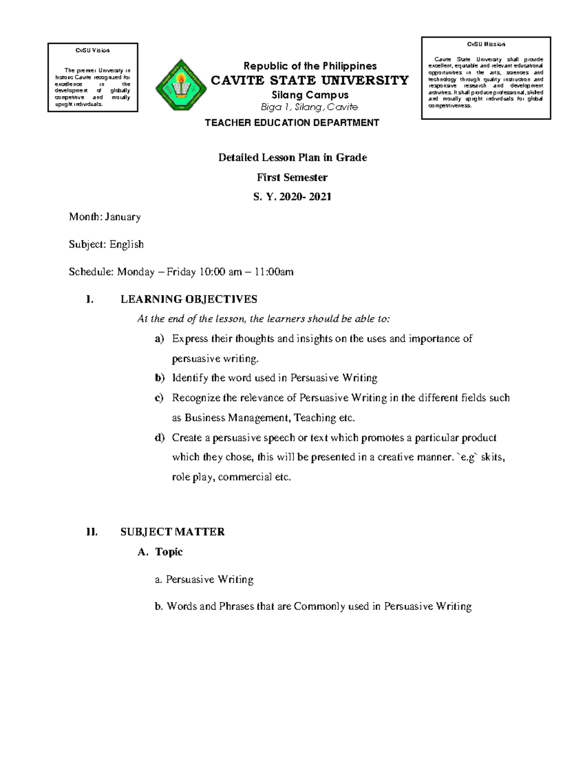 Detailed Lesson Plan on Persuasive Writing for English 101 - Studocu