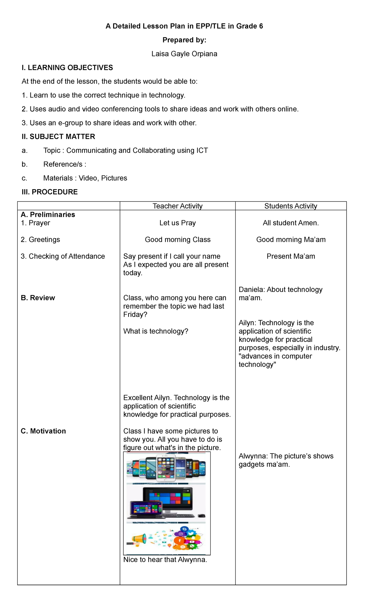 Detailed Lesson Plan: Communicating & Collaborating Using ICT (TLE ...