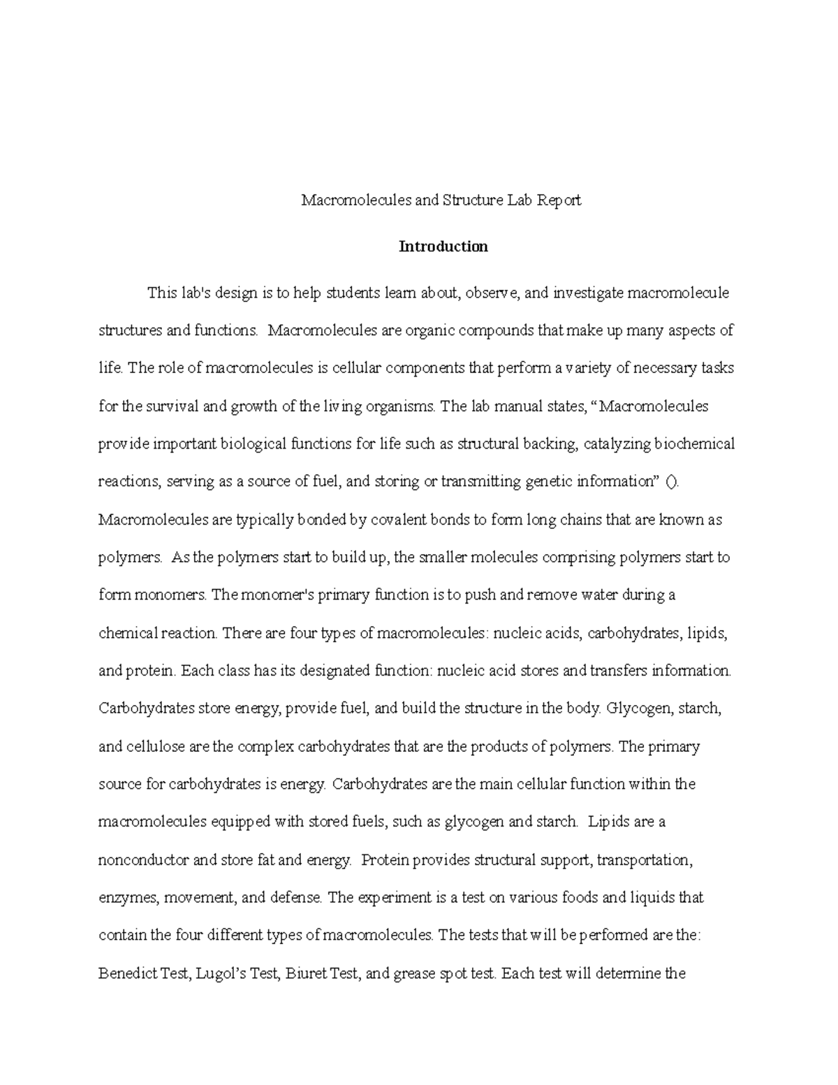 BIO 181 Macromolecules Lab Report Template F20 - Studocu