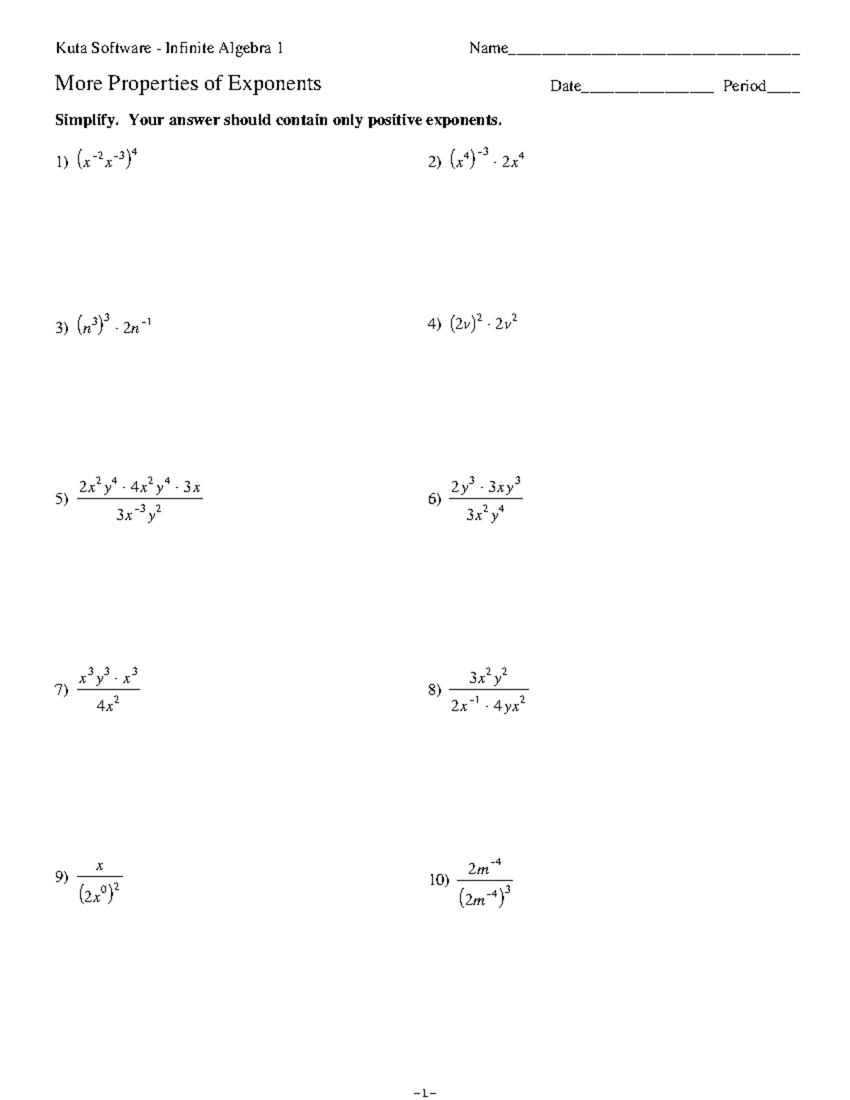 Kuta Software Infinite Algebra 1: Properties of Exponents Worksheet ...