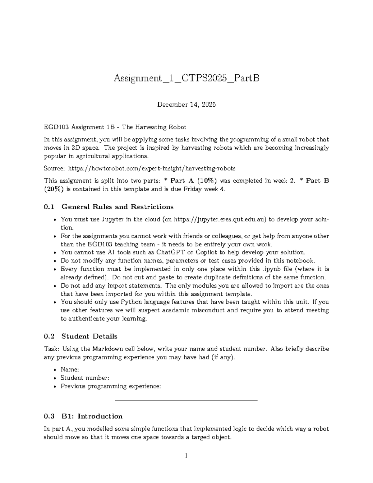 Assignment 1B EGD103: The Harvesting Robot Programming Tasks - Studocu