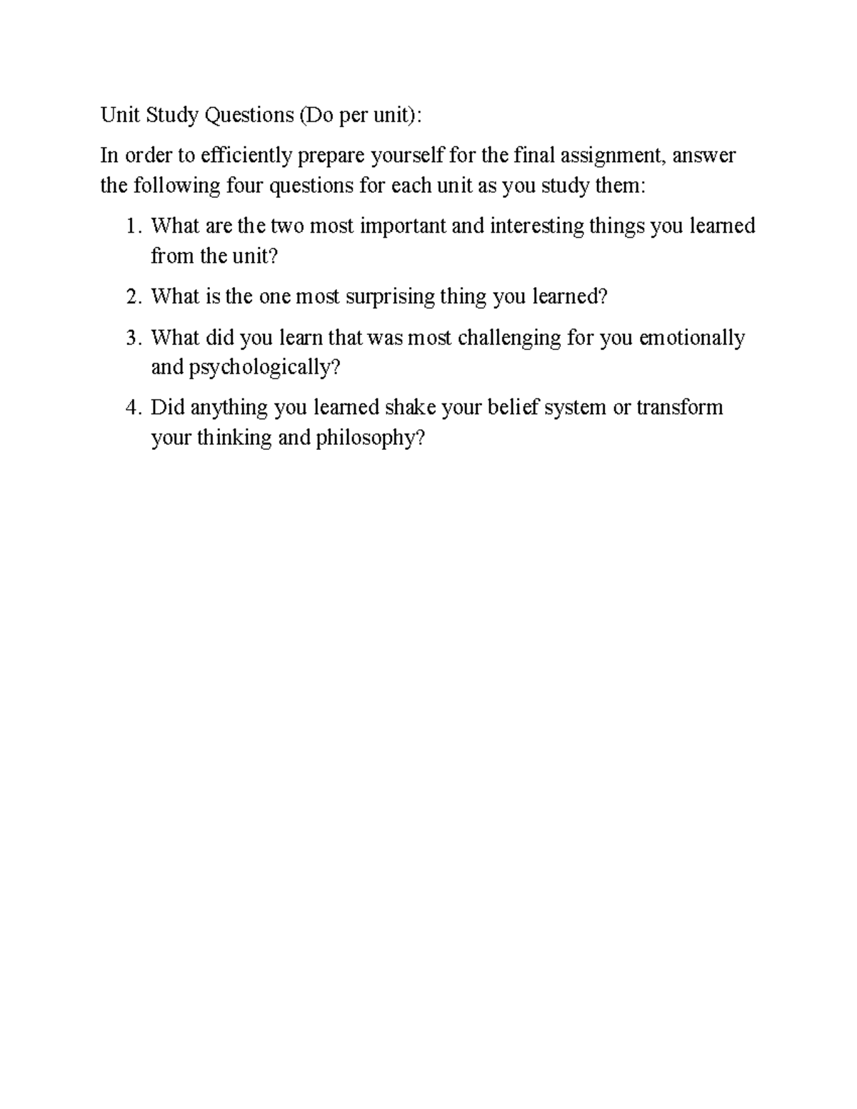 Unit Study Questions to Use per Unit - Unit Study Questions (Do per ...