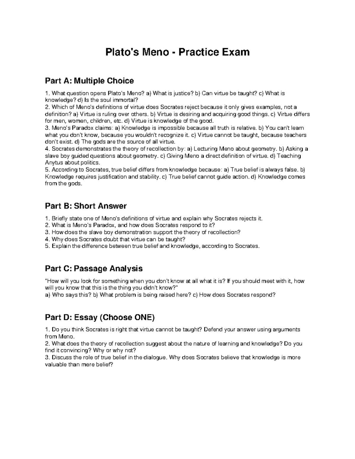 Plato Meno Practice Exam: Multiple Choice & Short Answer Guide - Studocu