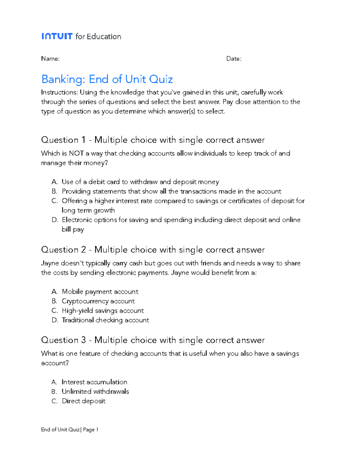 Banking: End of Unit Quiz (Questions & Answers Analysis) - Studocu