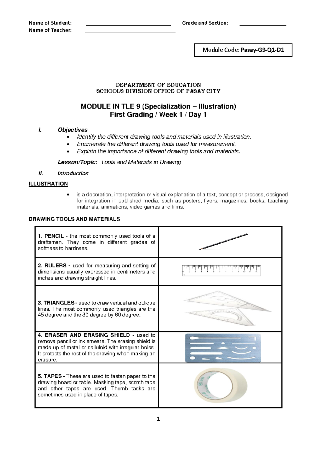 Module in TLE 9: Specialization in Illustration - First Grading Week 1 ...