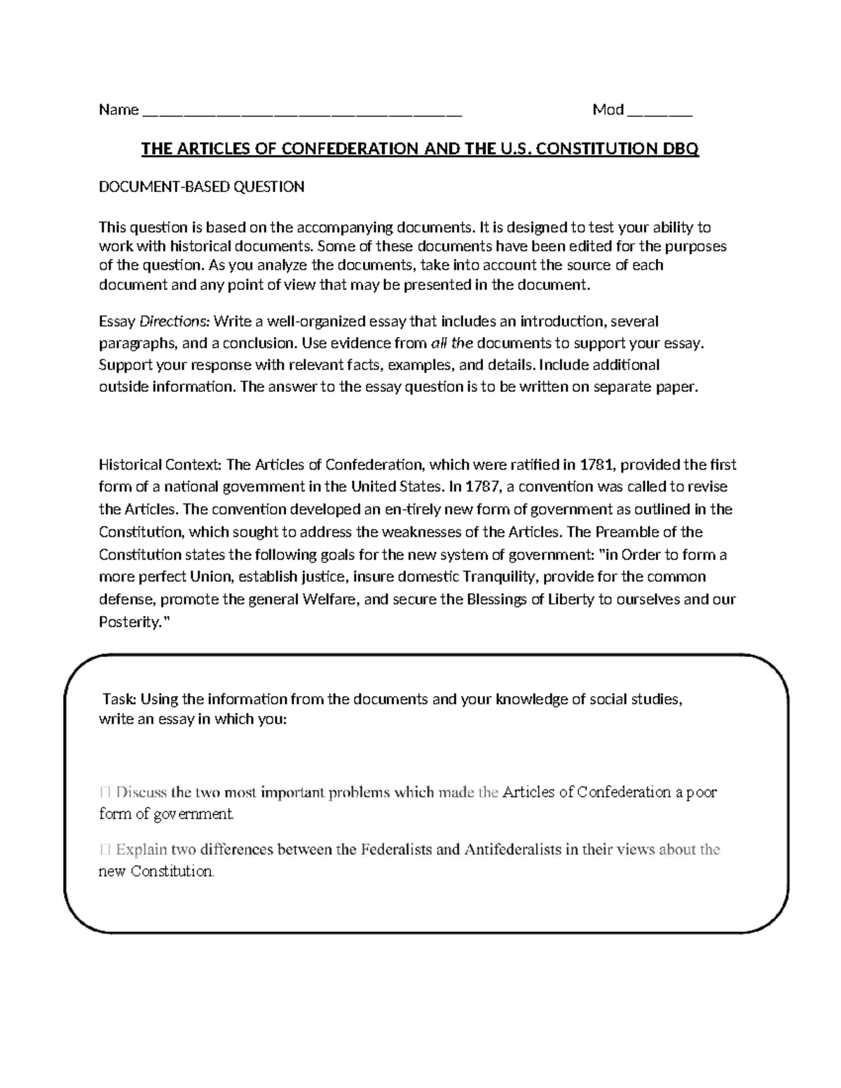 DBQ US History: Analyzing the Articles of Confederation vs ...