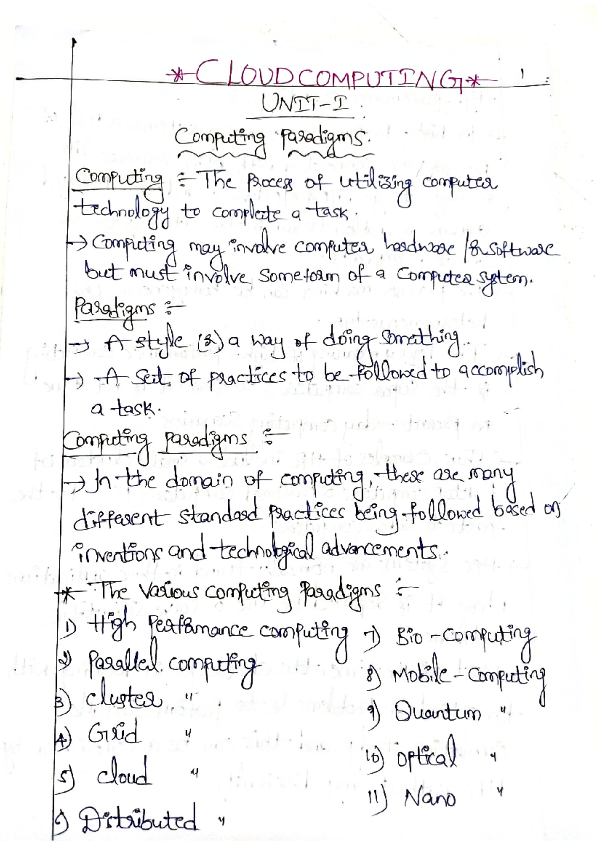 CC UNIT-1: Overview of Computing Paradigms and Cloud Computing - Studocu