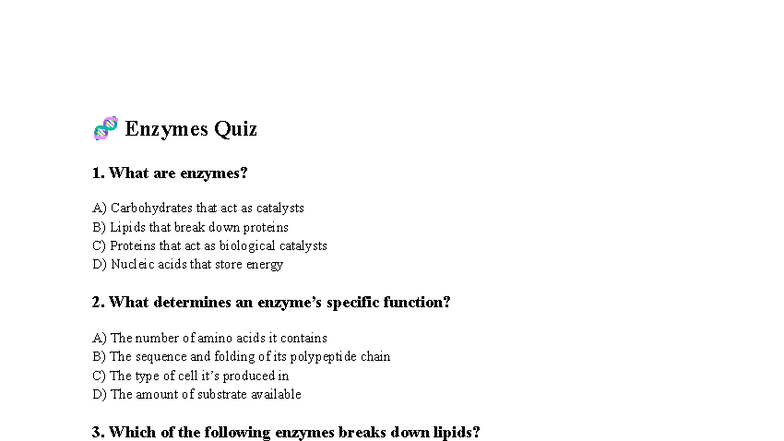 Enzymes Quiz 1 - Practice Exam on Biological Catalysts - Studocu