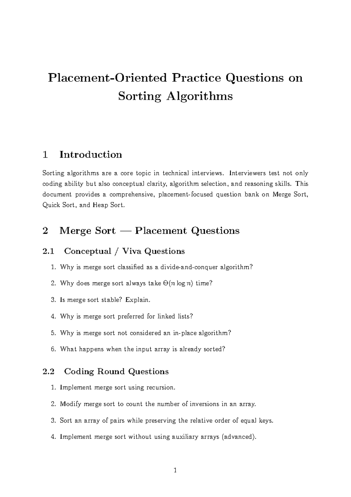 Placement Practice Questions on Sorting Algorithms - Studocu