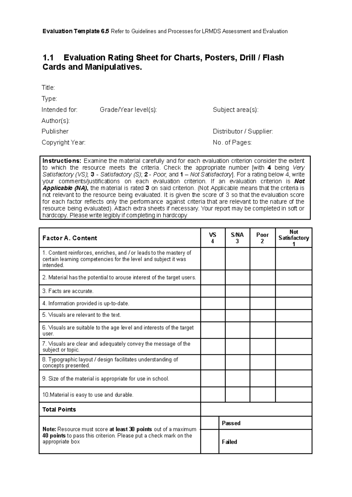 7. Evaluation Rating Sheet for Charts, Posters, Drills - Title: Type ...