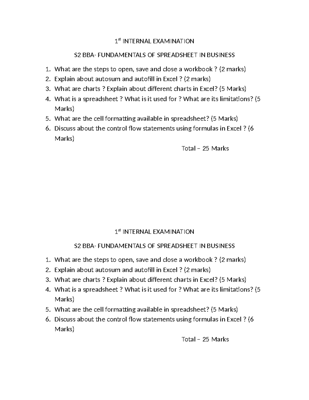 S2 Fundamentals of Spreadsheet in Business: 1st Internal Exam Guide ...