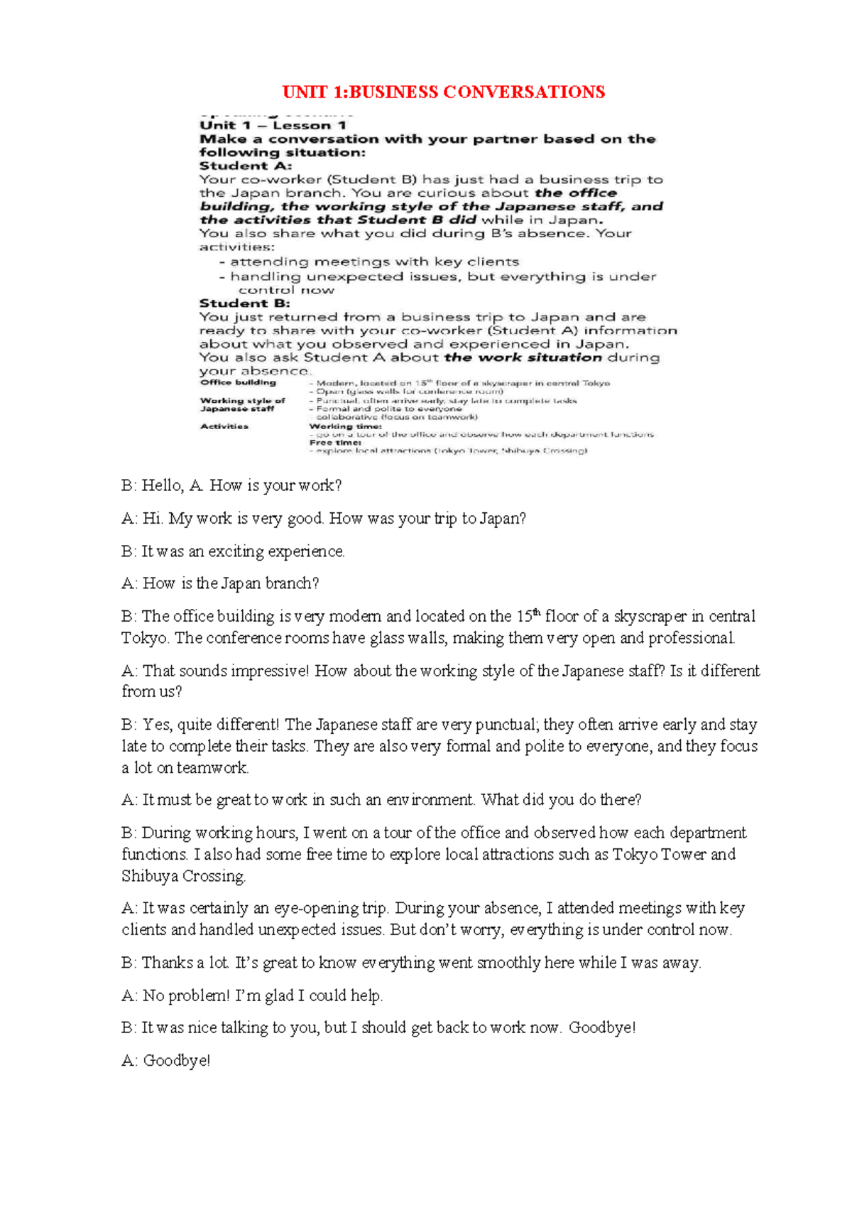 TATM1 speaking tx2 - UNIT 1:BUSINESS CONVERSATIONS B: Hello, A. How is ...