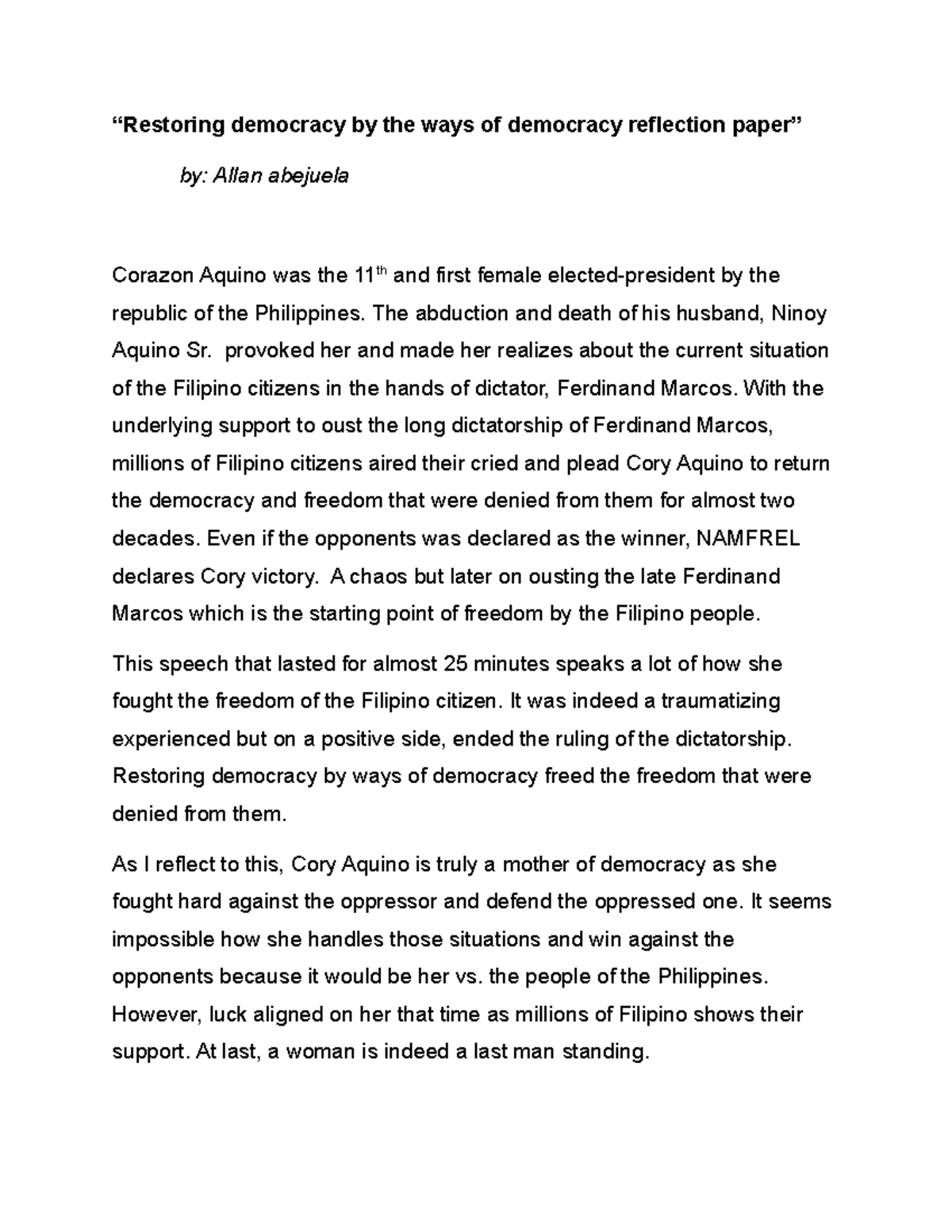 Reflection on Restoring Democracy: Insights from Cory Aquino's ...