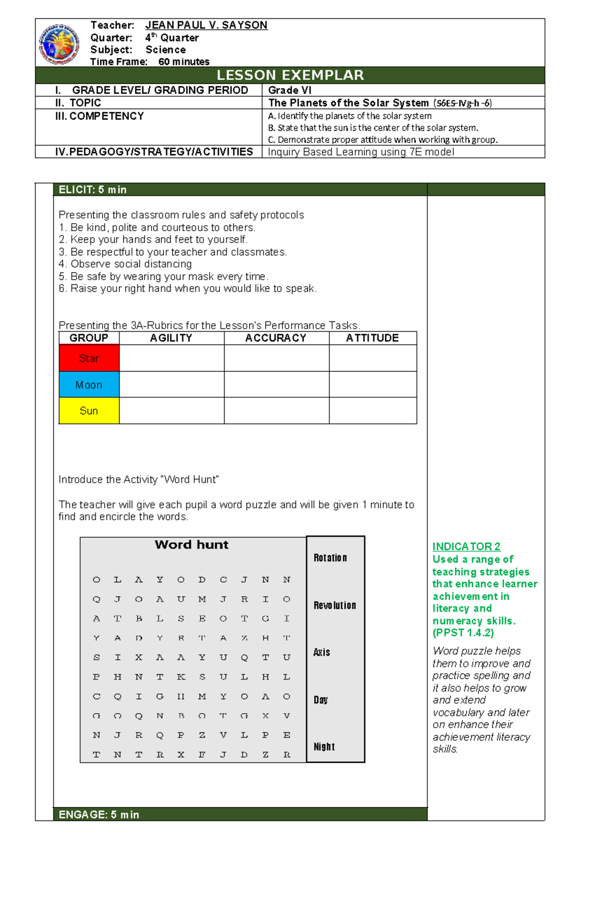 Science 6 Q4 - Lesson Exemplar on the Planets of the Solar System - Studocu