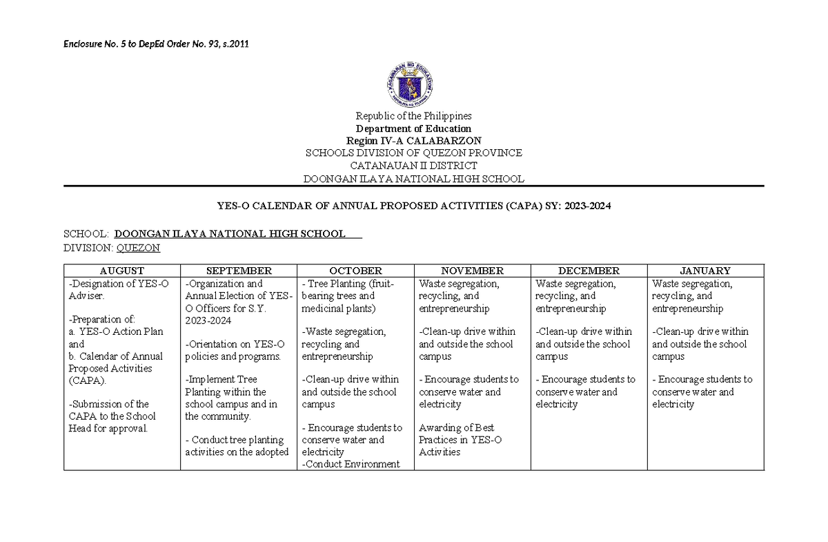 YES-O Calendar of Annual Proposed Activities (CAPA) S.Y. 2023 - Studocu