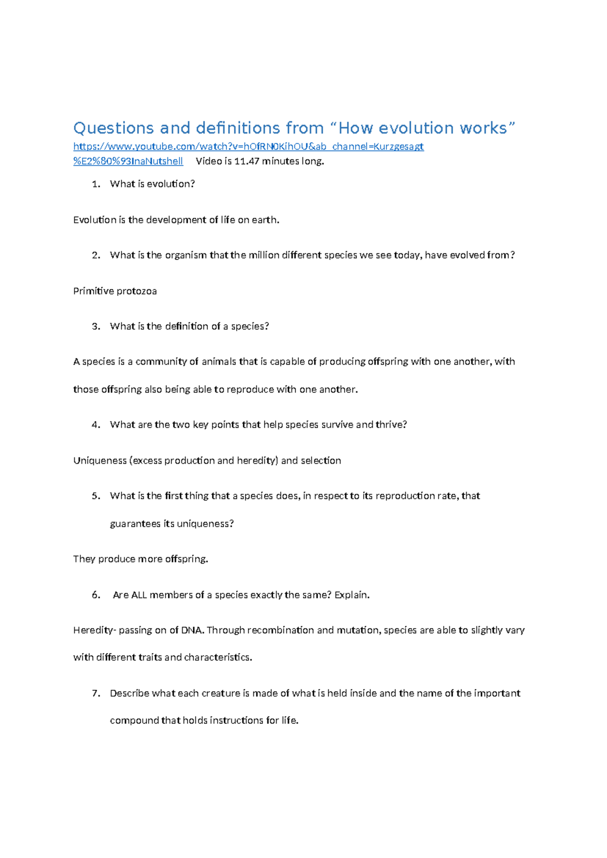 Evolution Video Questions - Questions and definitions from “How ...