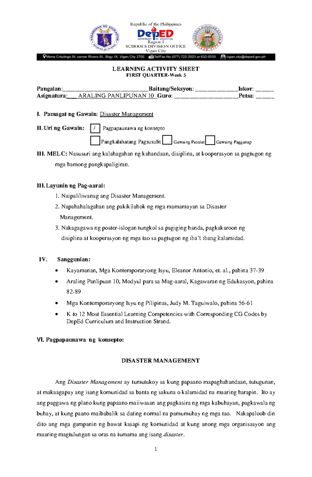 AP10 Q1W5 Disaster Management Learning Activity Sheet - Studocu