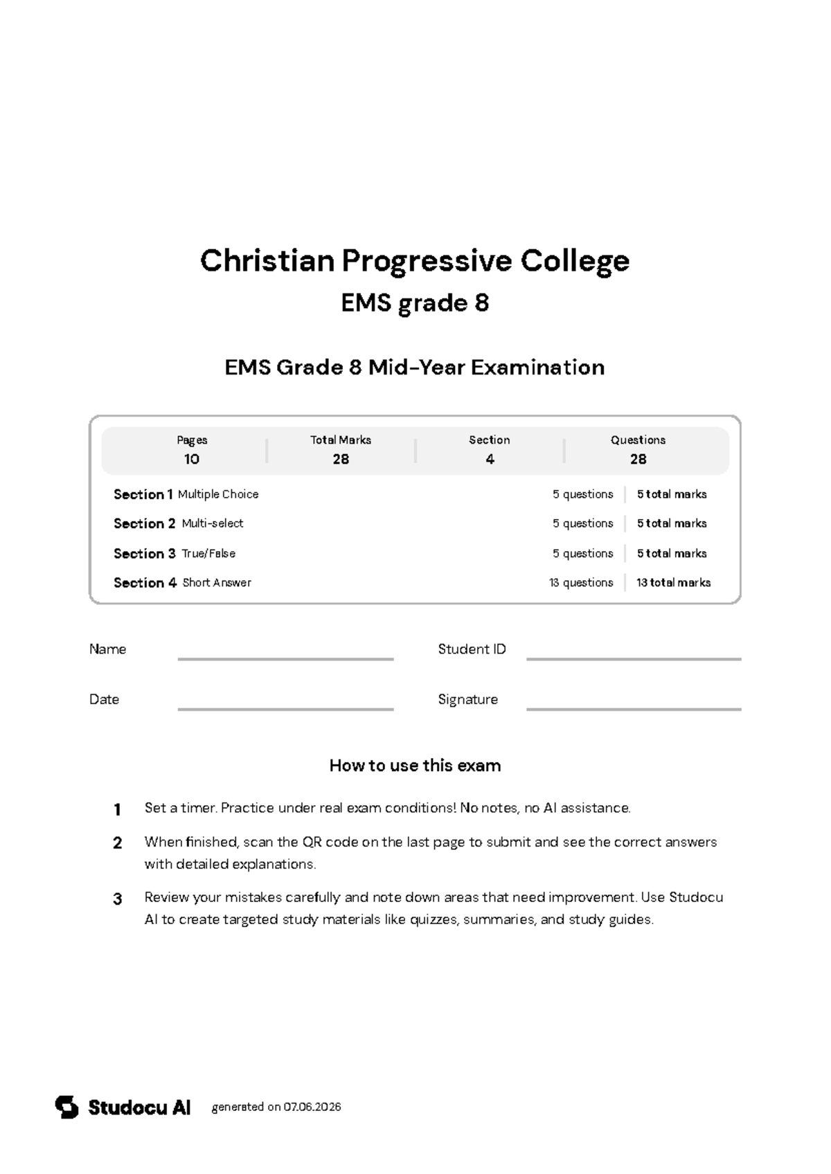 EMS Grade 8 Mid-Year Exam - Studocu