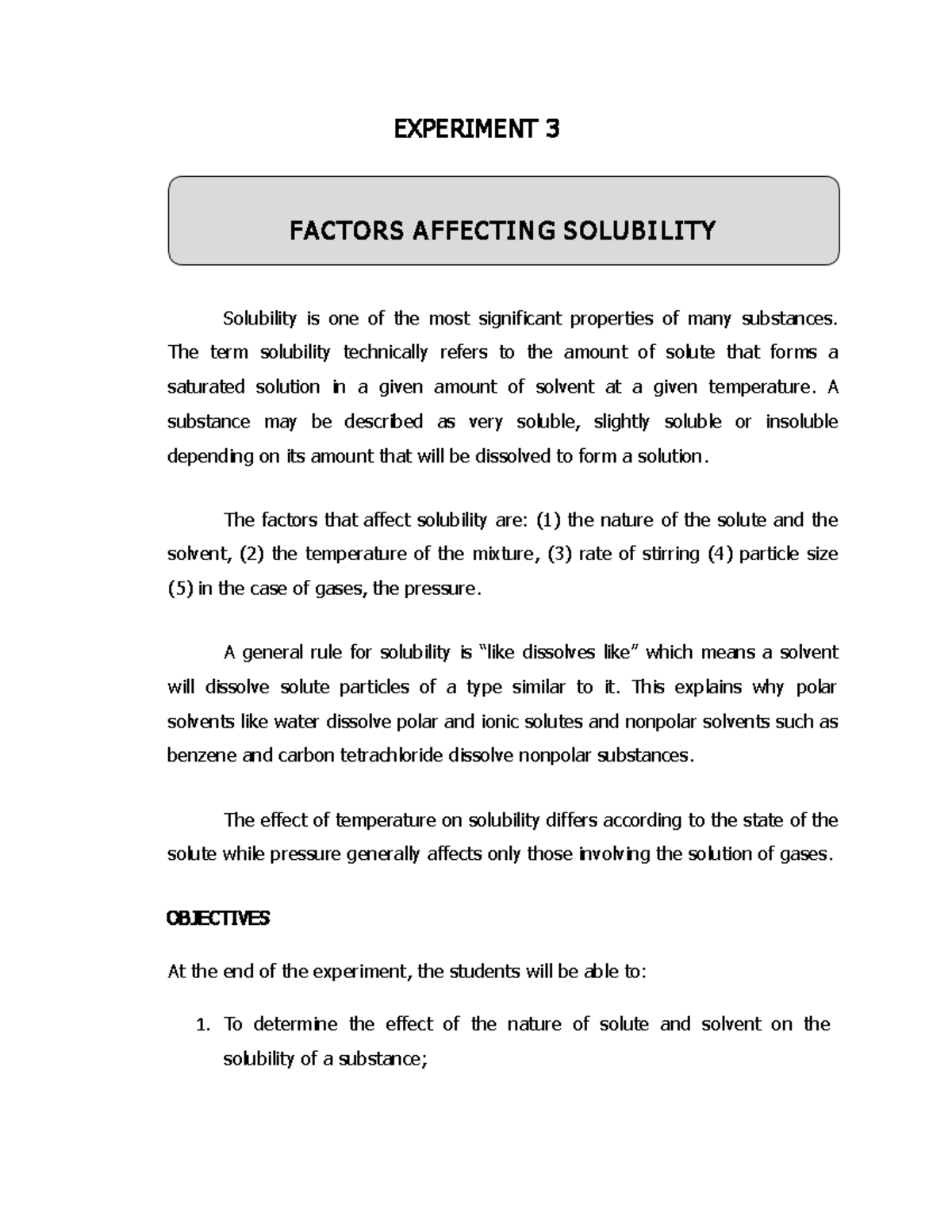 Experiment 3 CHGO15 Factors Affecting Solubility in Solutions - Studocu